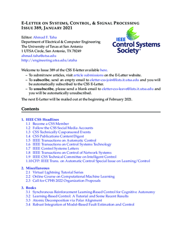 E-Letter - January 2021 - Issue 389 | IEEE Control Systems Society